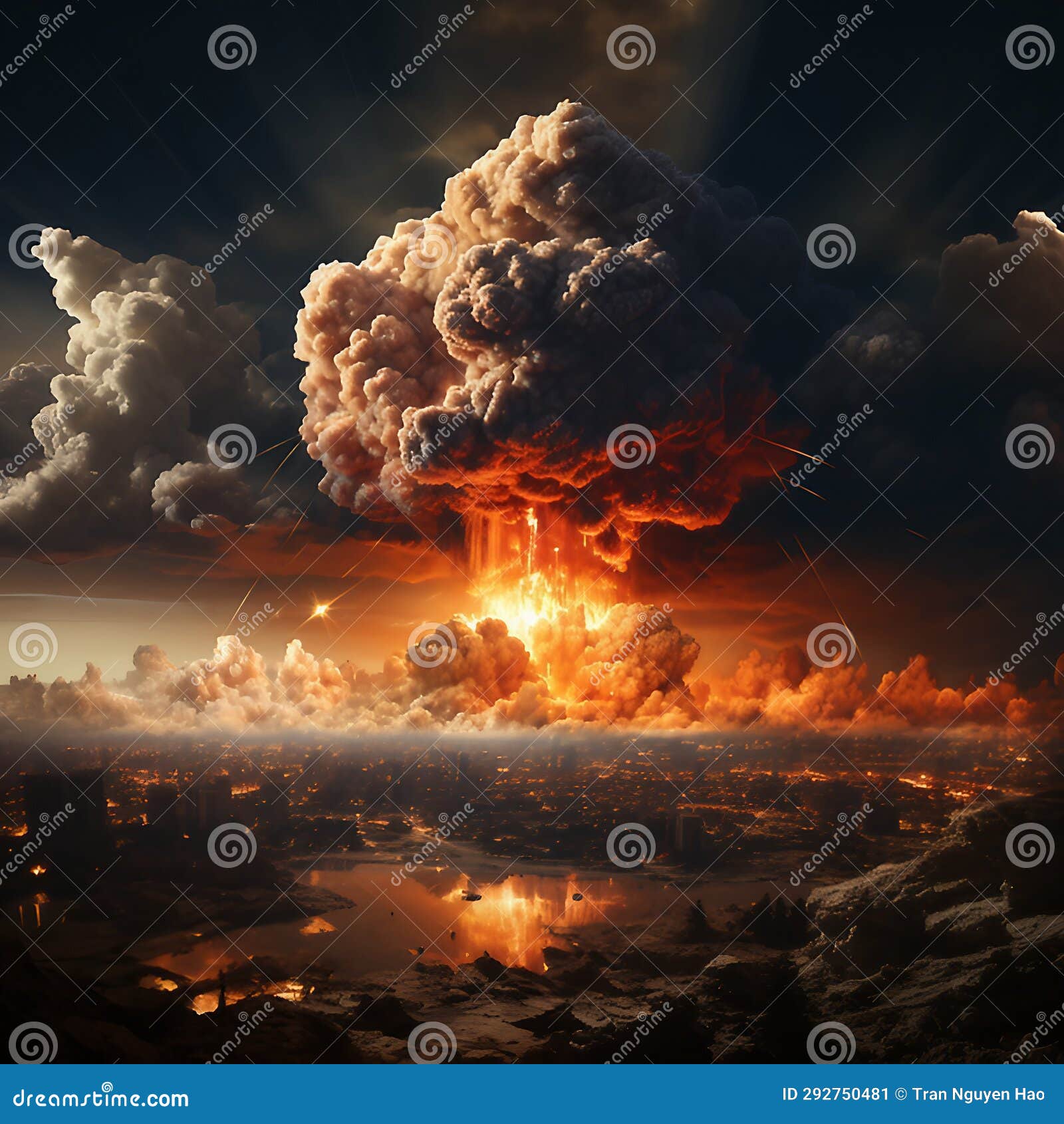 Image of Big Explosion with Smoke Over City at Night. Collage Stock ...
