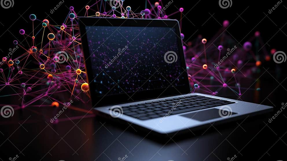 Laptop Computer with Background of Intricate Network Design Stock ...