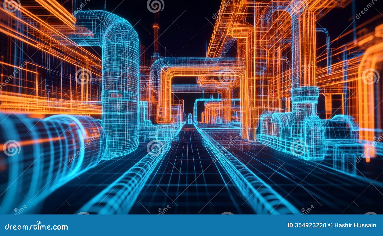 Futuristic Industrial Pipeline Network Abstract 3D Wireframe Design ...