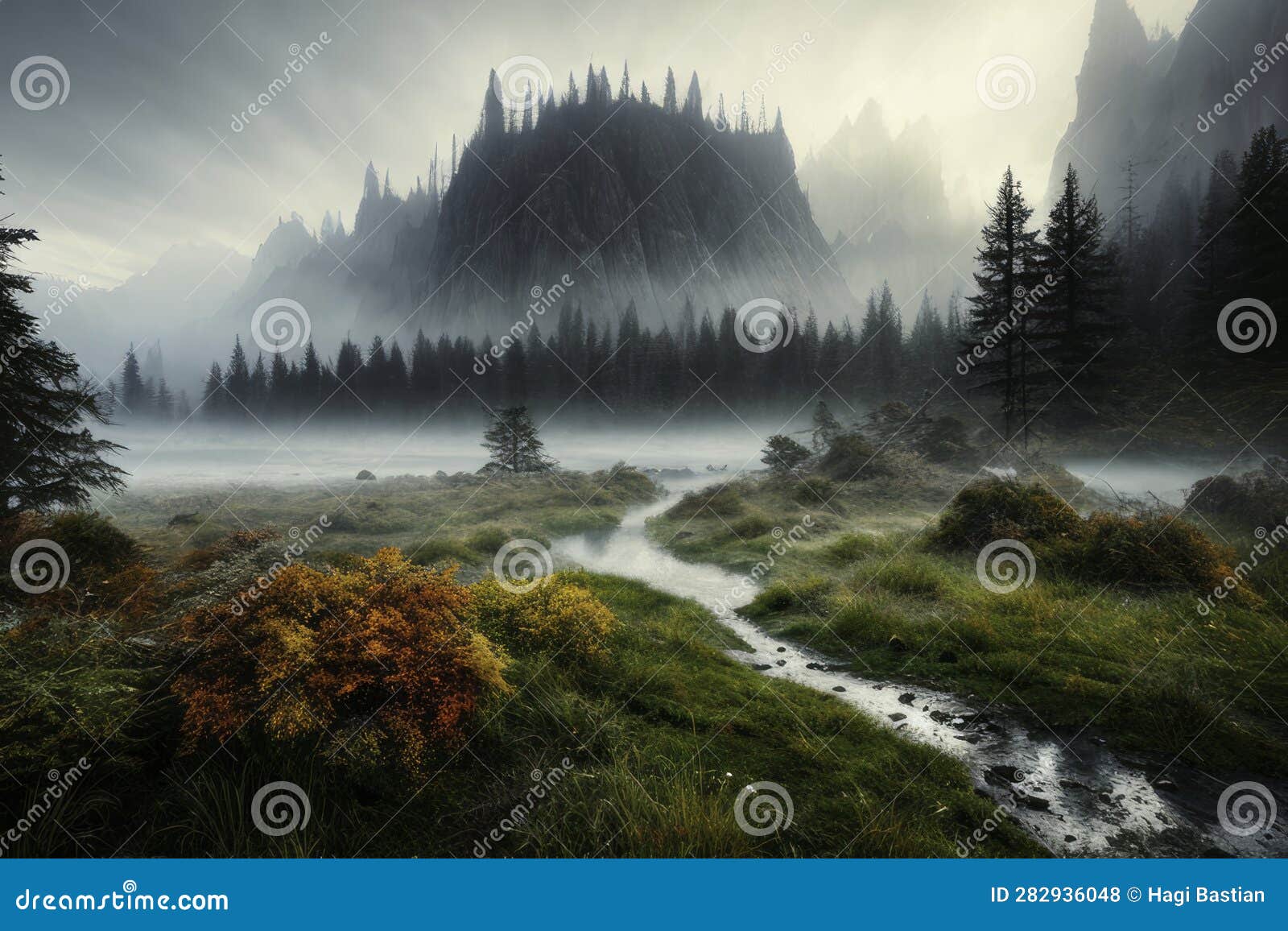 Captivating Dark Fantasy Landscape Enveloped in Mysterious Mist Stock ...