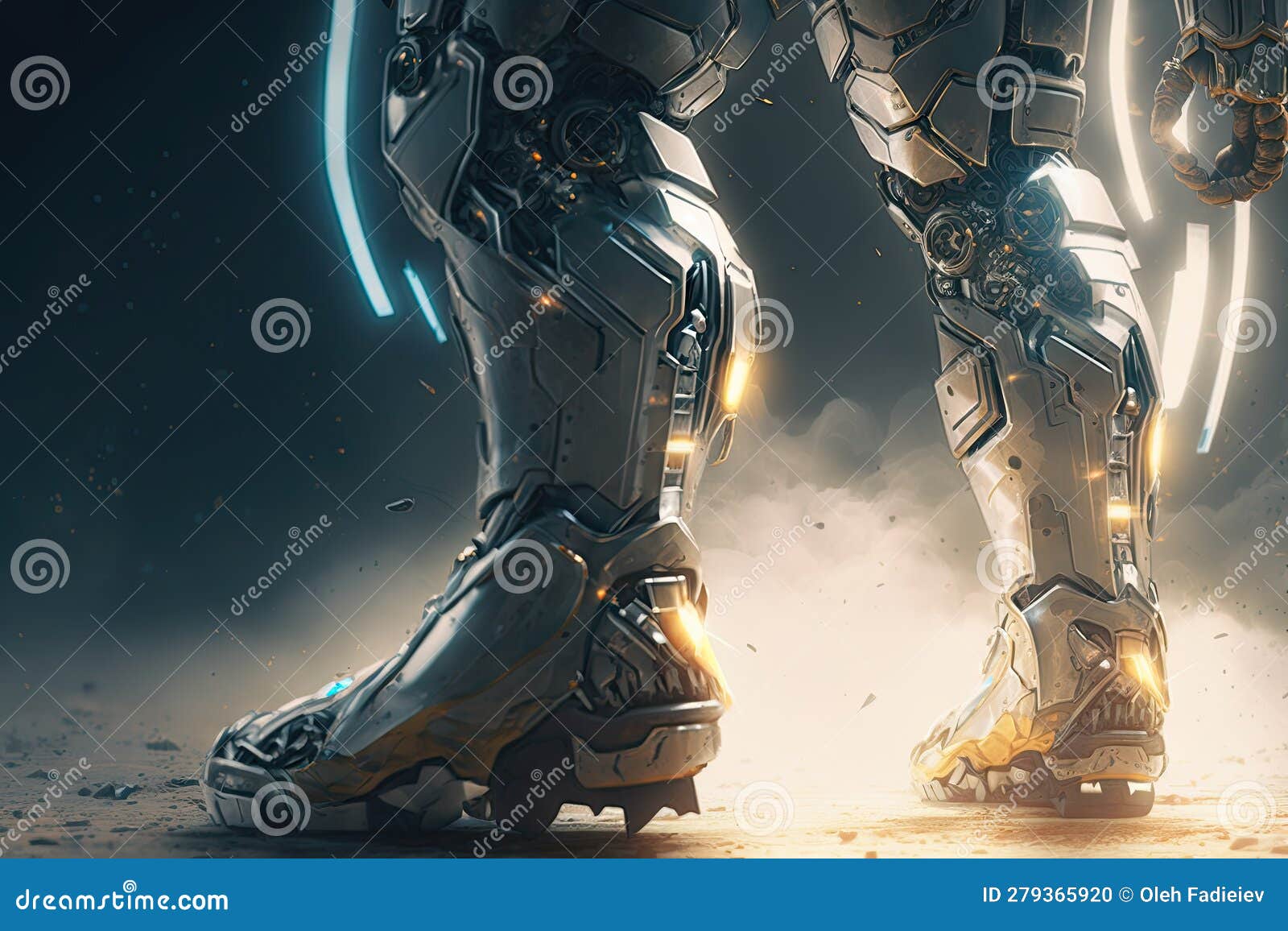 Cyborg Legs With Glowing Lights On Dark Background Stock Illustration 279365929