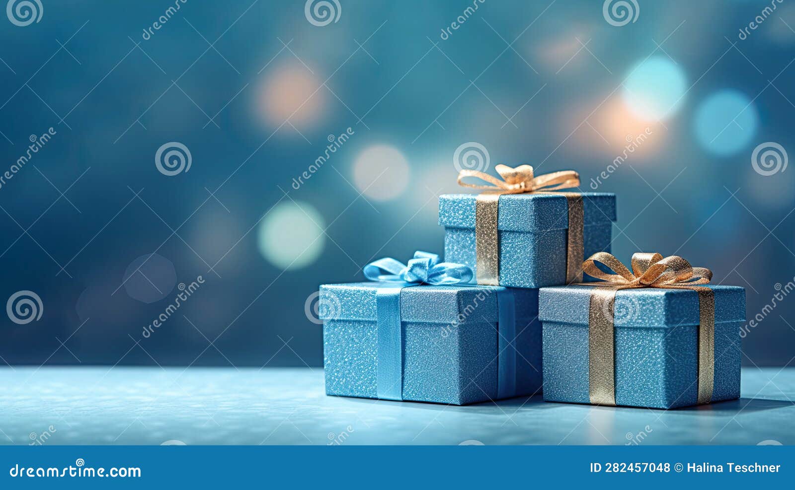 Captivating Festive Scene with Three Shimmering Blue Gift Boxes Set ...