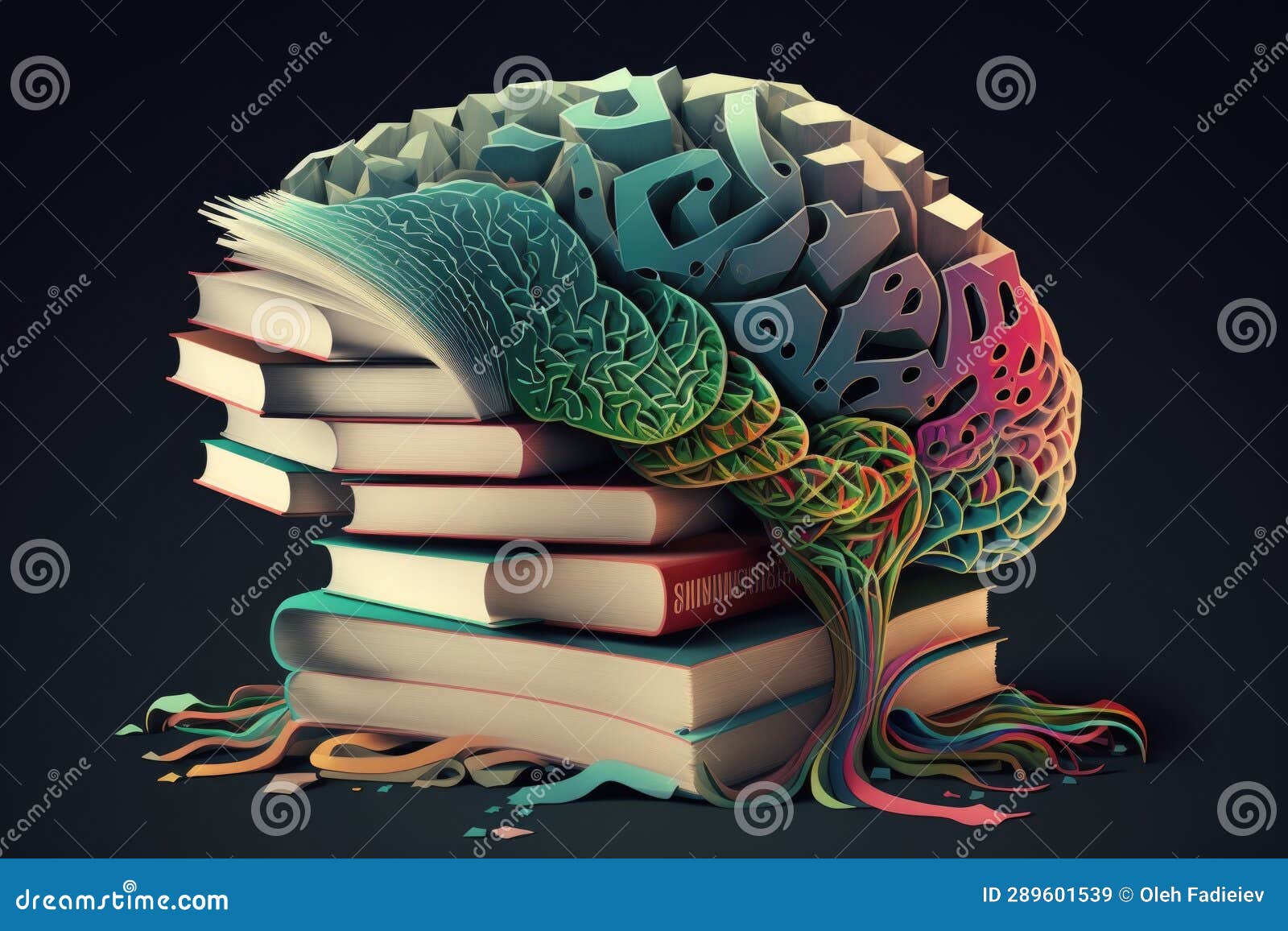 Creative Brain Made of Books on Black Background Stock Illustration ...