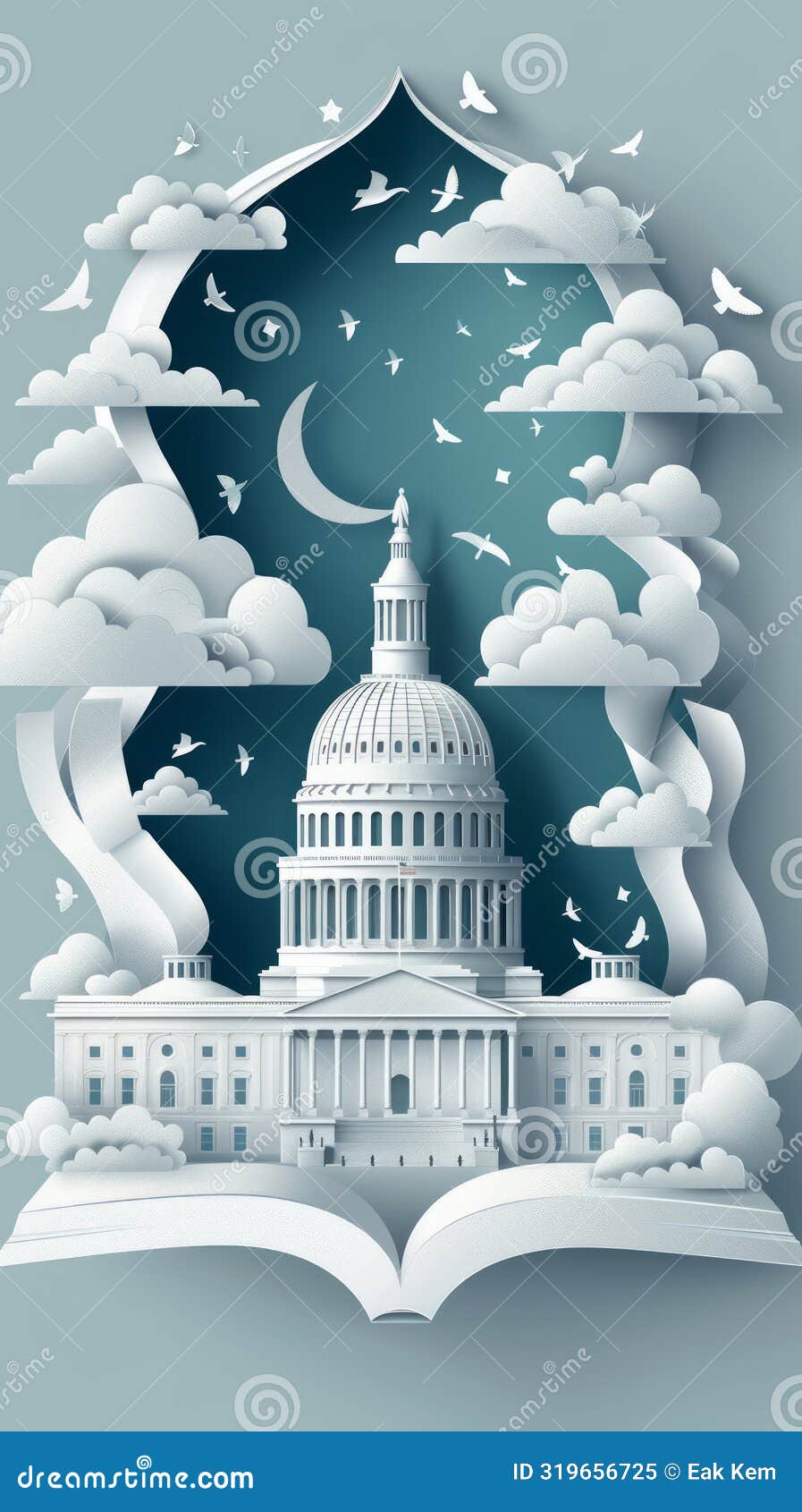 Intricate Papercraft of Capitol Building with Moon and Birds Creative ...