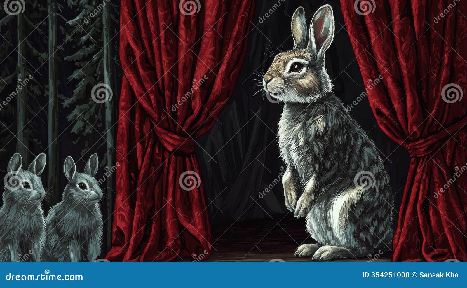 Majestic Rabbit on Stage Two Bunnies Watching Dark Forest Backdrop Red ...
