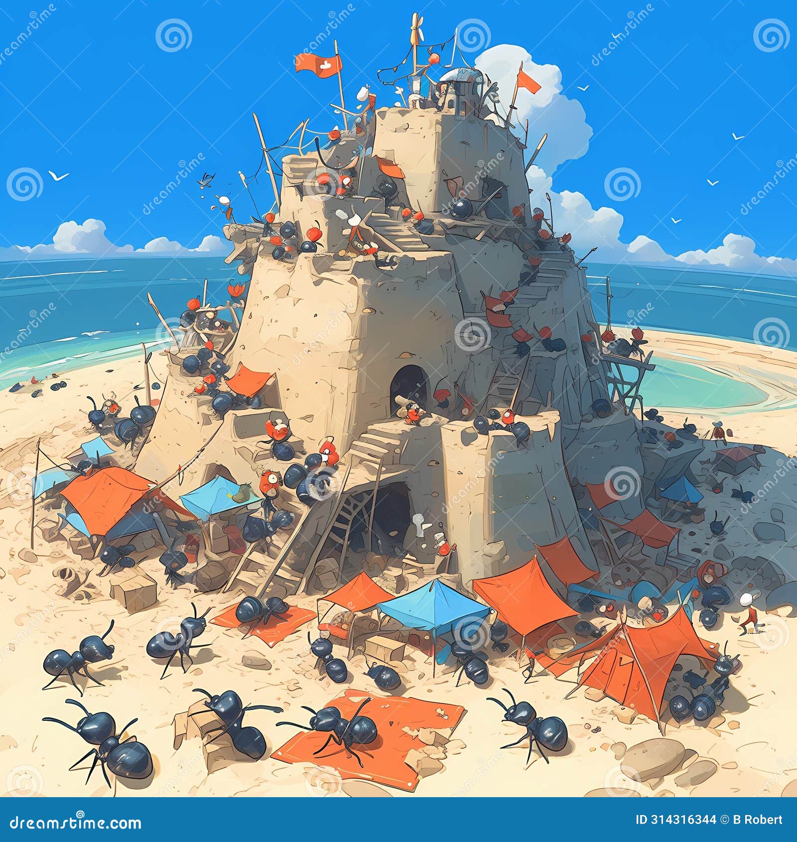 Determined Ants Building Enormous Sandcastle Stock Illustration ...