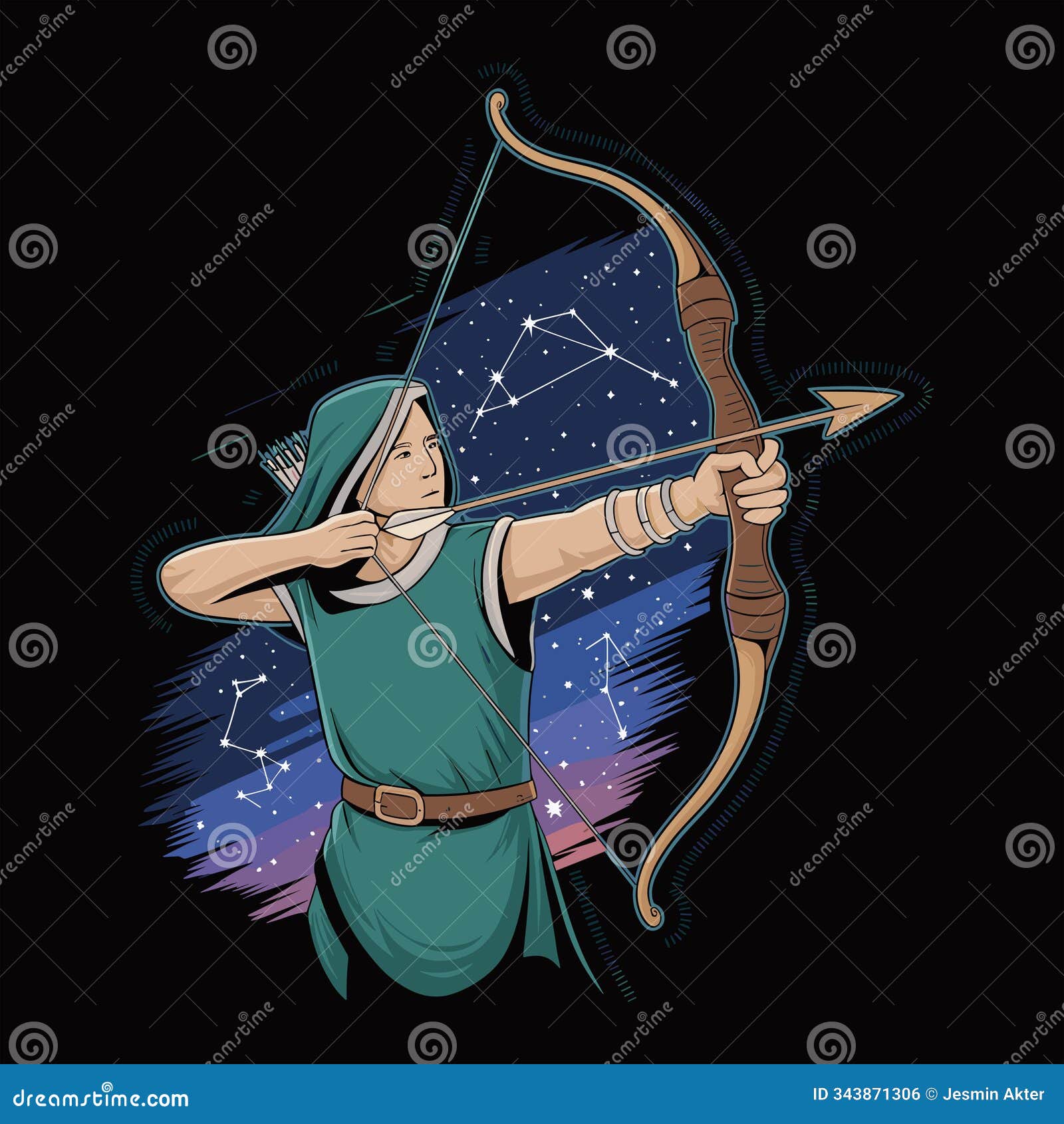 An Archer Drawing a Bow Against a Backdrop of Constellations and a ...