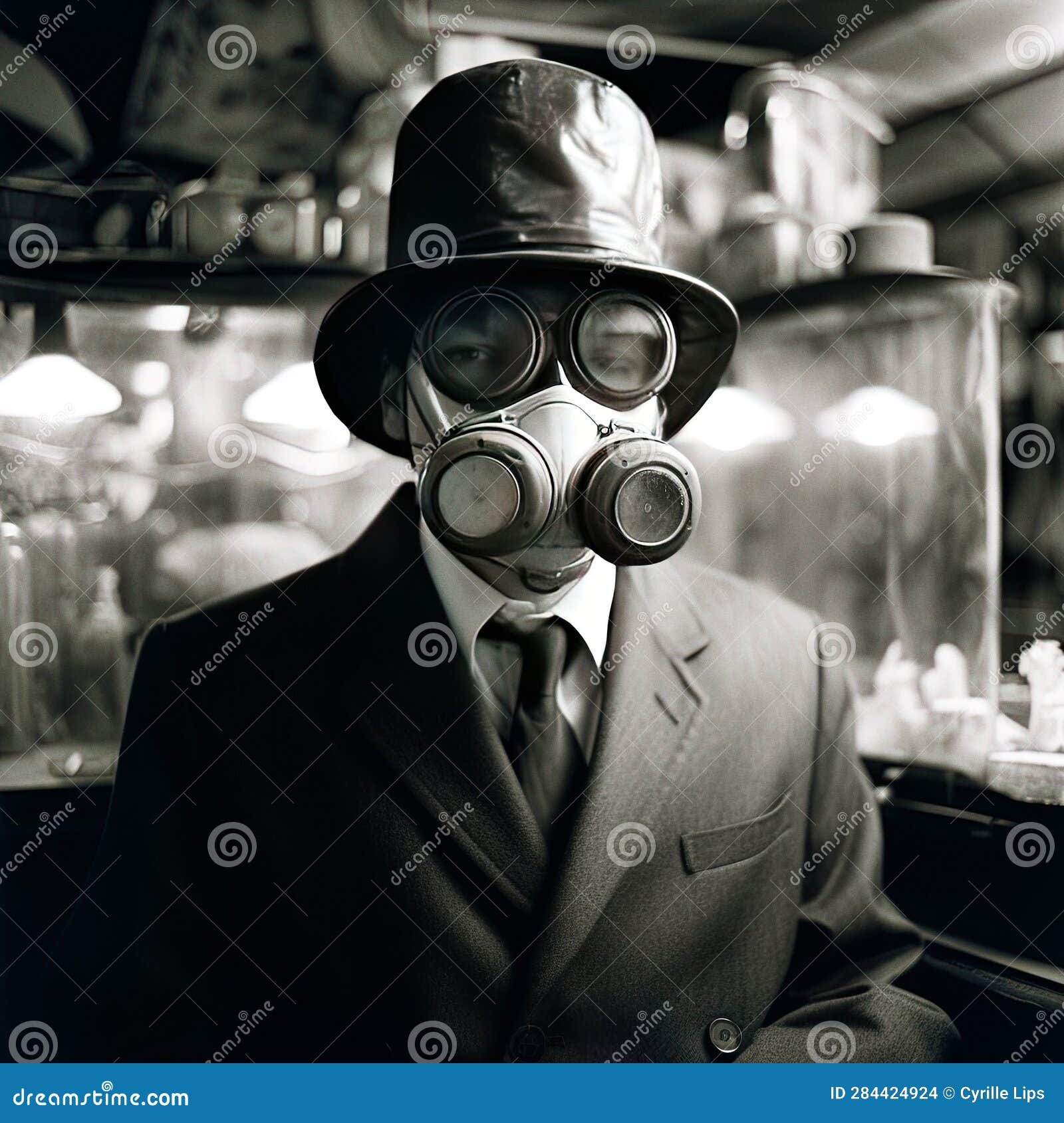 Surreal and Disturbing Portrait of a Man in Elegant Suit Wearing a Gas ...