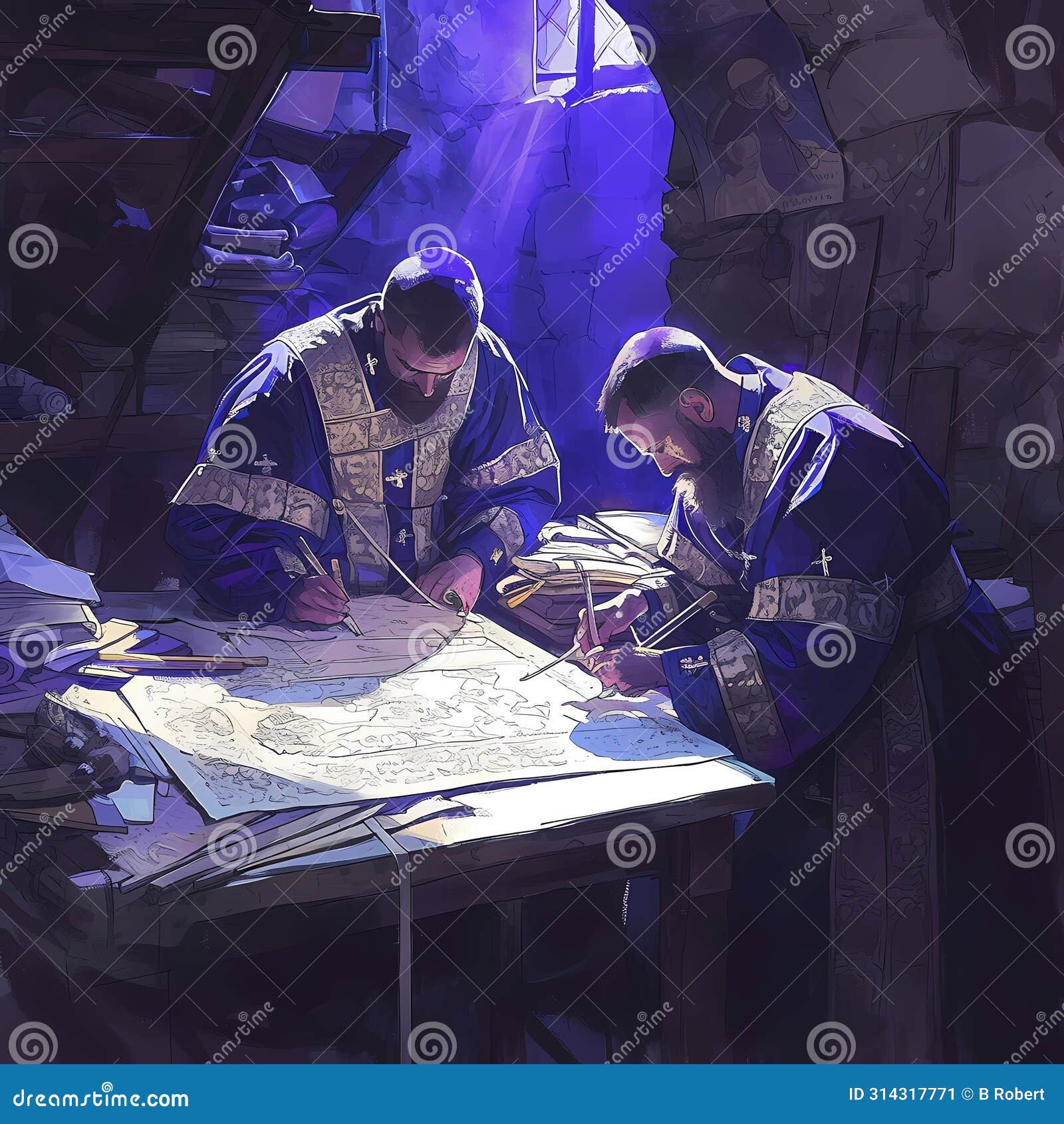 Monastic Meditation and Study in an Ancient Cellar Stock Illustration ...