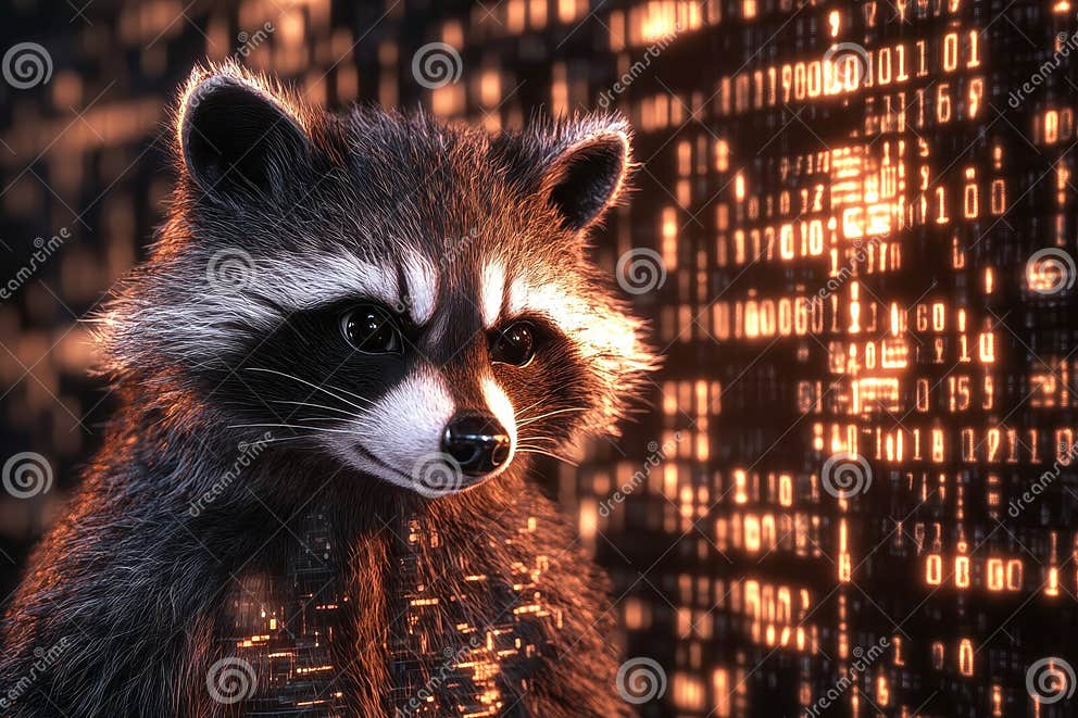 Raccoon Facing Digital Binary Code Background in Futuristic Setting ...