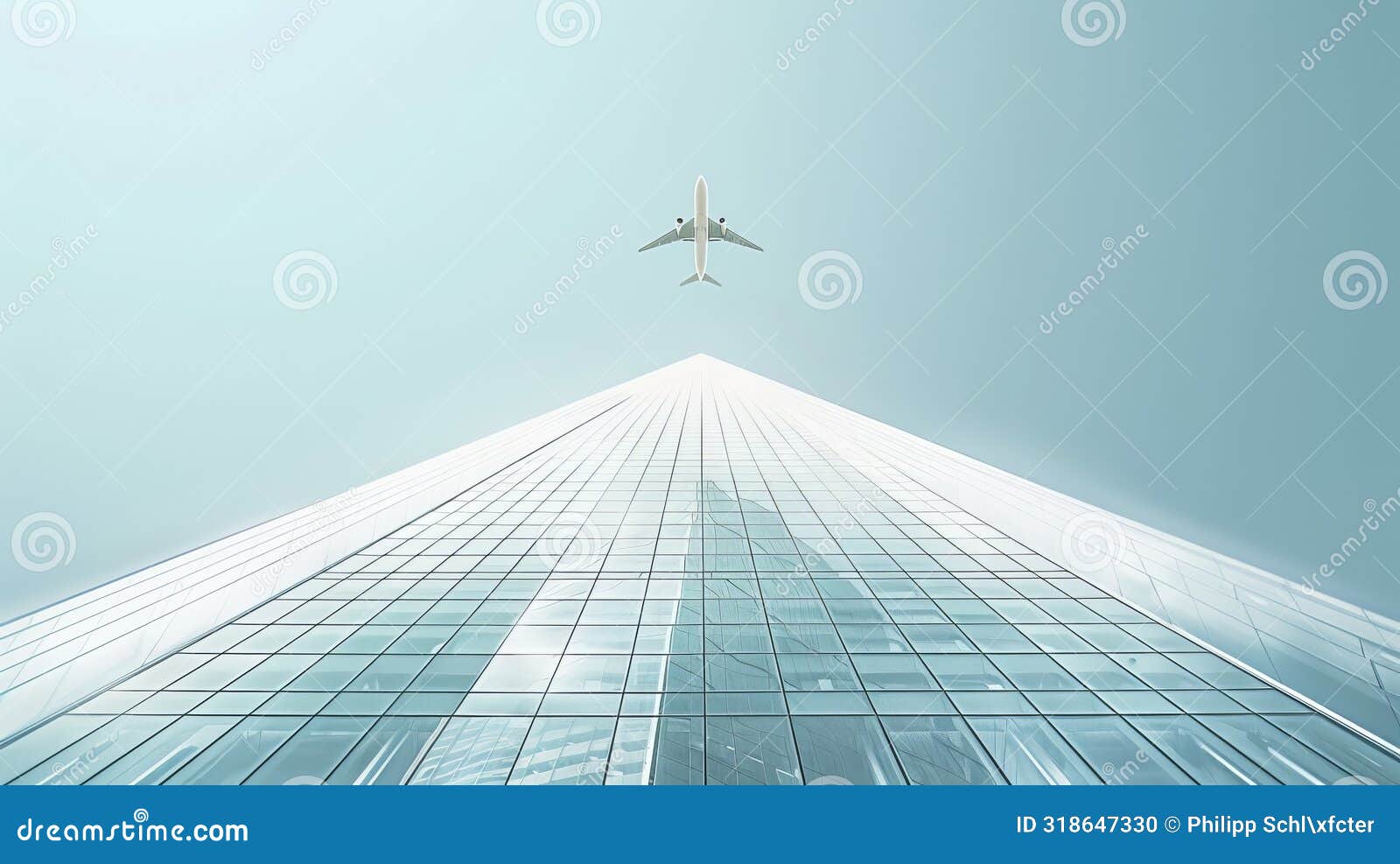 Airplane Soaring Above A Sleek, Triangular Glass Skyscraper. Stock ...