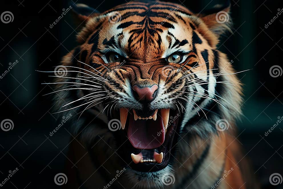 Close Up of a Growling Tiger with Teeth Bared. Isolated on Black Background. Stock Photo - Image ...