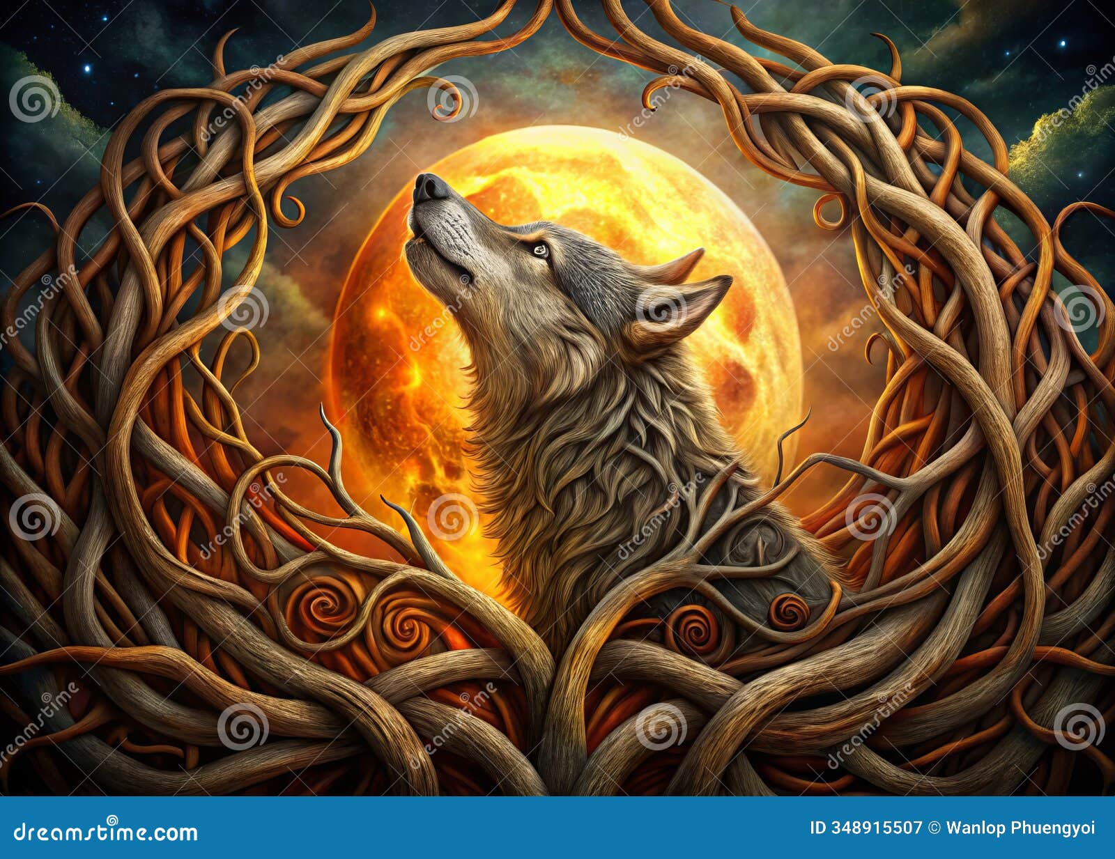 Ancient Wolf Embrace: Intricate Celtic Knotwork, Fiery Moon Symbol, and ...