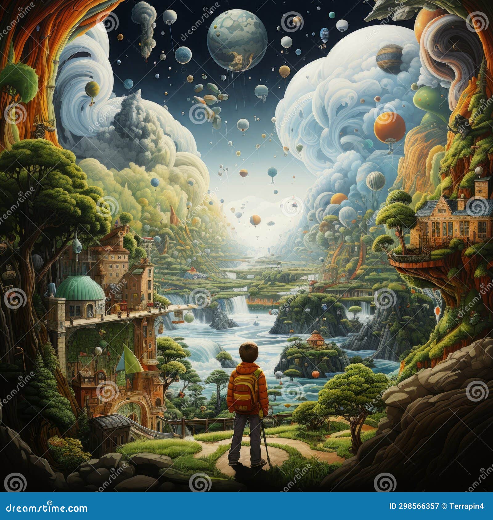 Abstract Dreamscape with a Boy Exploring an Alien World Stock ...