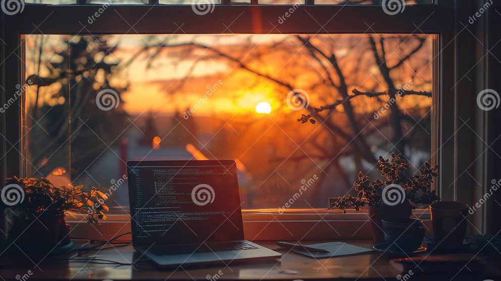 Programmer S Laptop with Code Editor in a Room with Sunset View Stock ...
