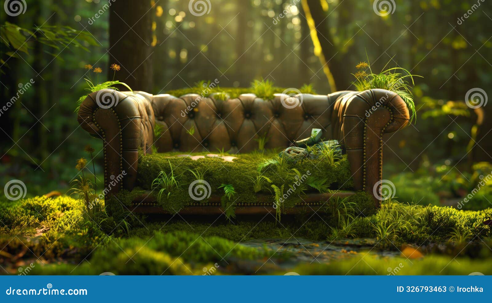 A Rustic Leather Couch in the Heart of a Dense Forest Stock Image ...
