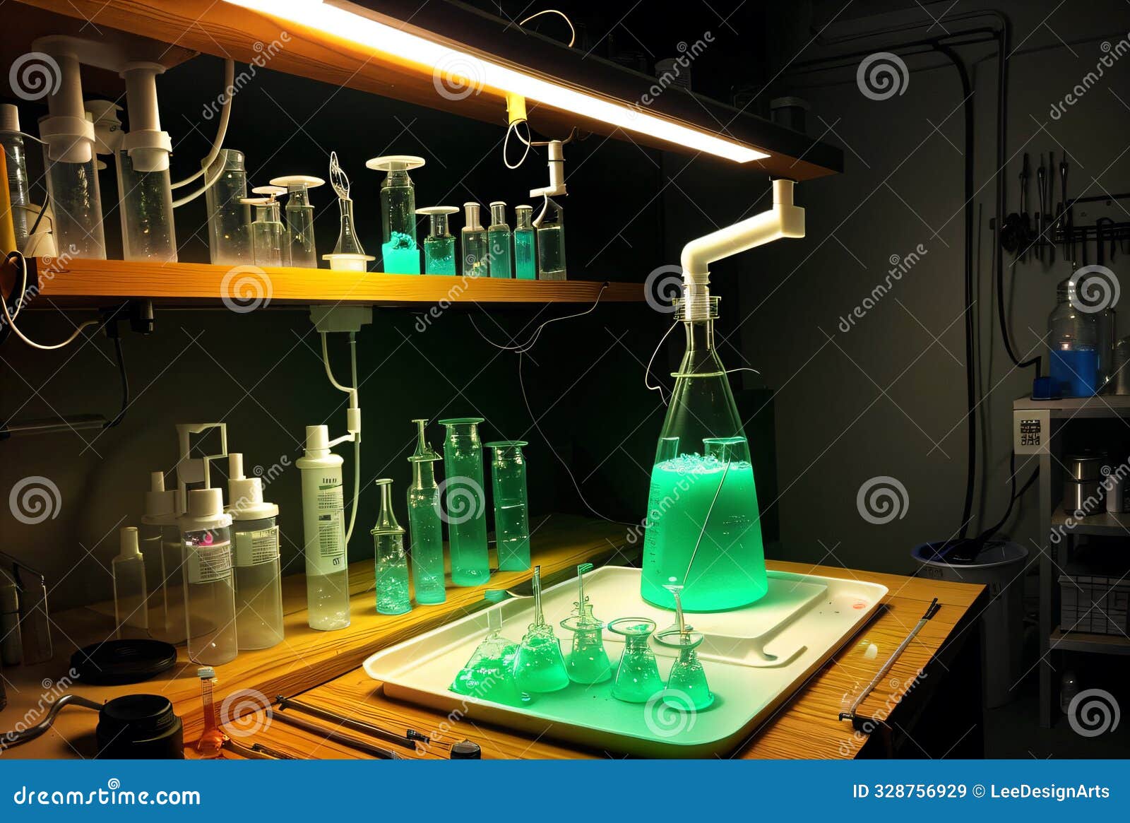 Chemistry Laboratory Experiment with Vibrant Blue Liquid and Glassware ...