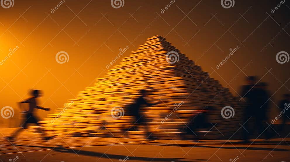 Silhouetted Figures Running Past a Large Pyramid-shaped Structure at ...