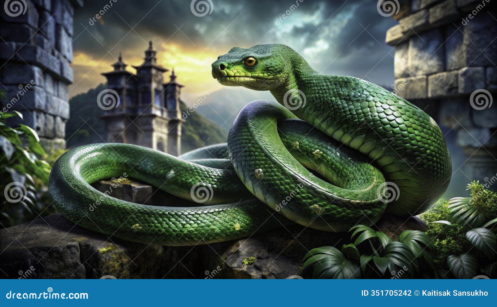 Emerald Serpent Coiling Around Dark Stone Ruins a Stunning ...