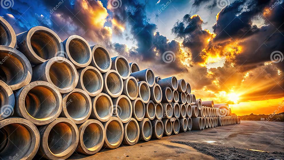 Stacked Concrete Pipes a Striking Industrial Landscape Photography of a ...