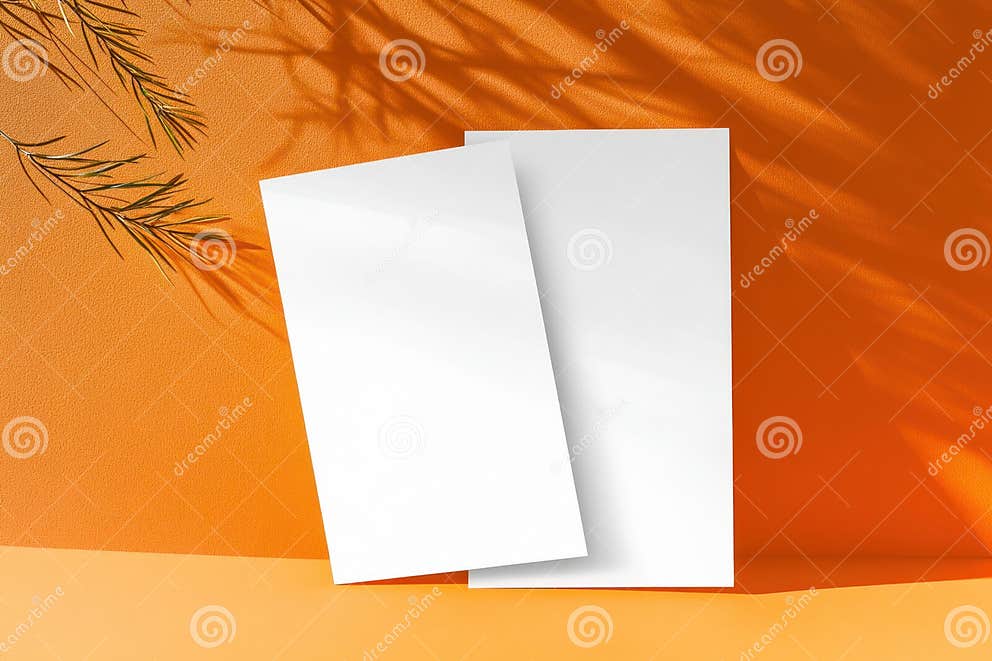 Vertical Rectangle Menu Mockups with Soft Thuja Leaves on Orange ...