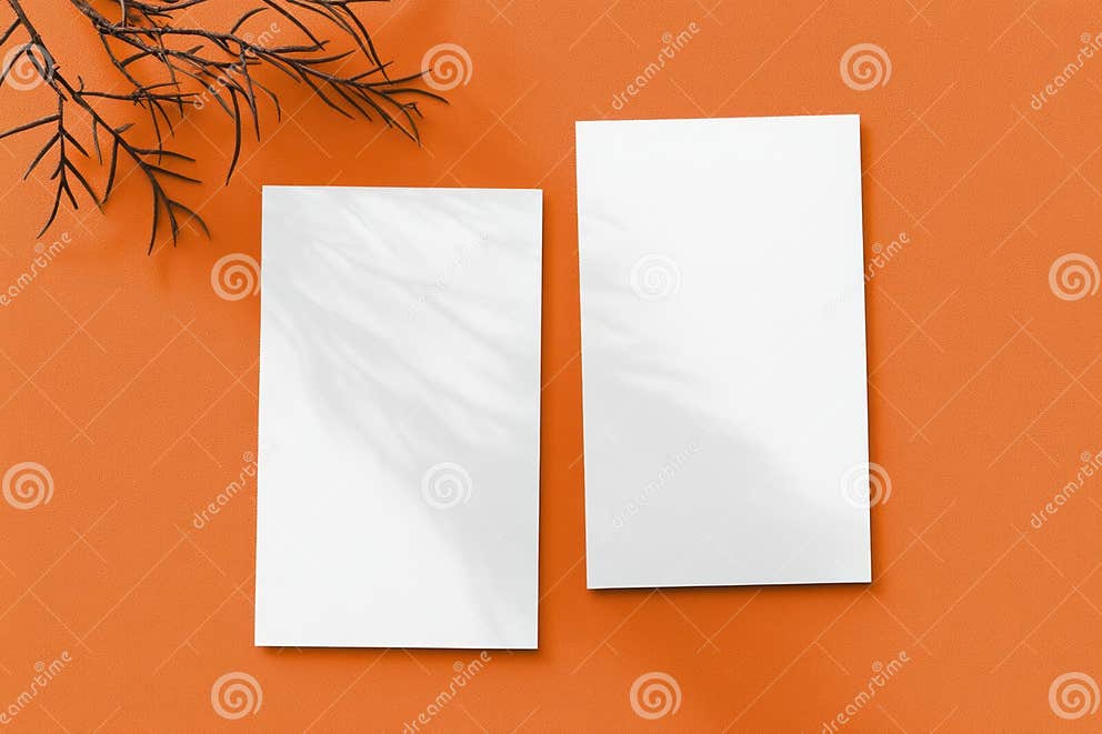 Vertical Rectangle Menu Mockups with Soft Thuja Leaves on Orange ...