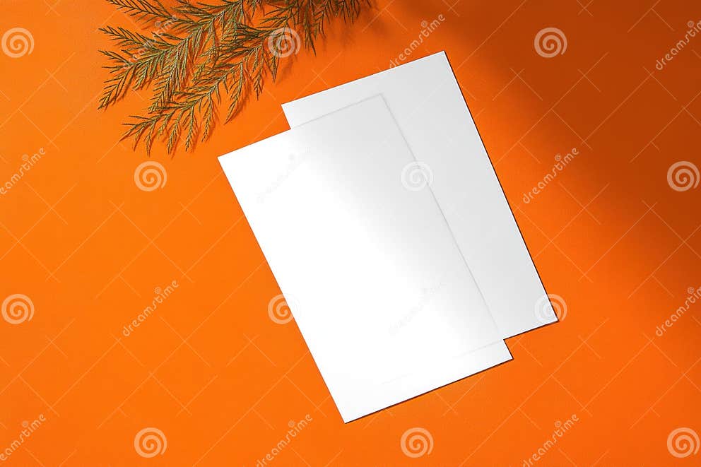 Vertical Rectangle Menu Mockups with Soft Thuja Leaves on Orange ...