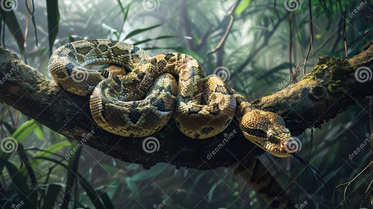 Captivating Image of a Snake Coiled on a Tree Branch in a Dense Forest ...