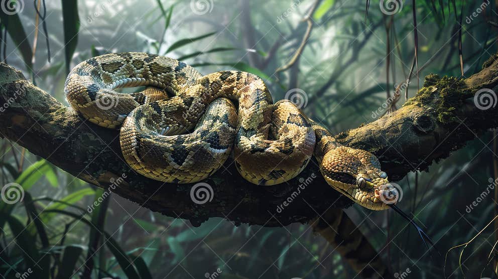 Captivating Image of a Snake Coiled on a Tree Branch in a Dense Forest ...