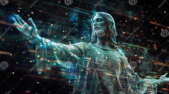 Multiple Exposure of Statue of Jesus with Technological Elements Stock ...
