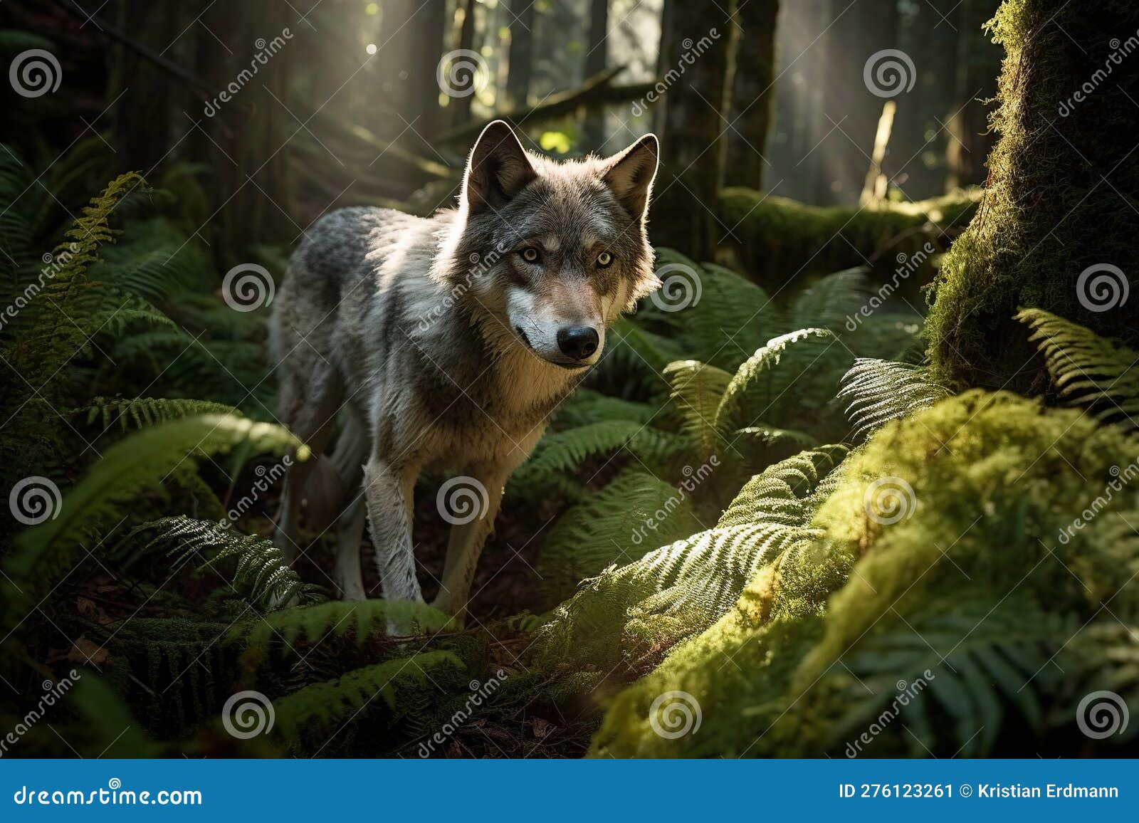 Stealthy Gray Wolf Prowling Through Dense Boreal Forest, Ferns, Moss ... Stealthy Gray Wolf Prowling Through Dense Boreal Forest, Ferns, Moss ...