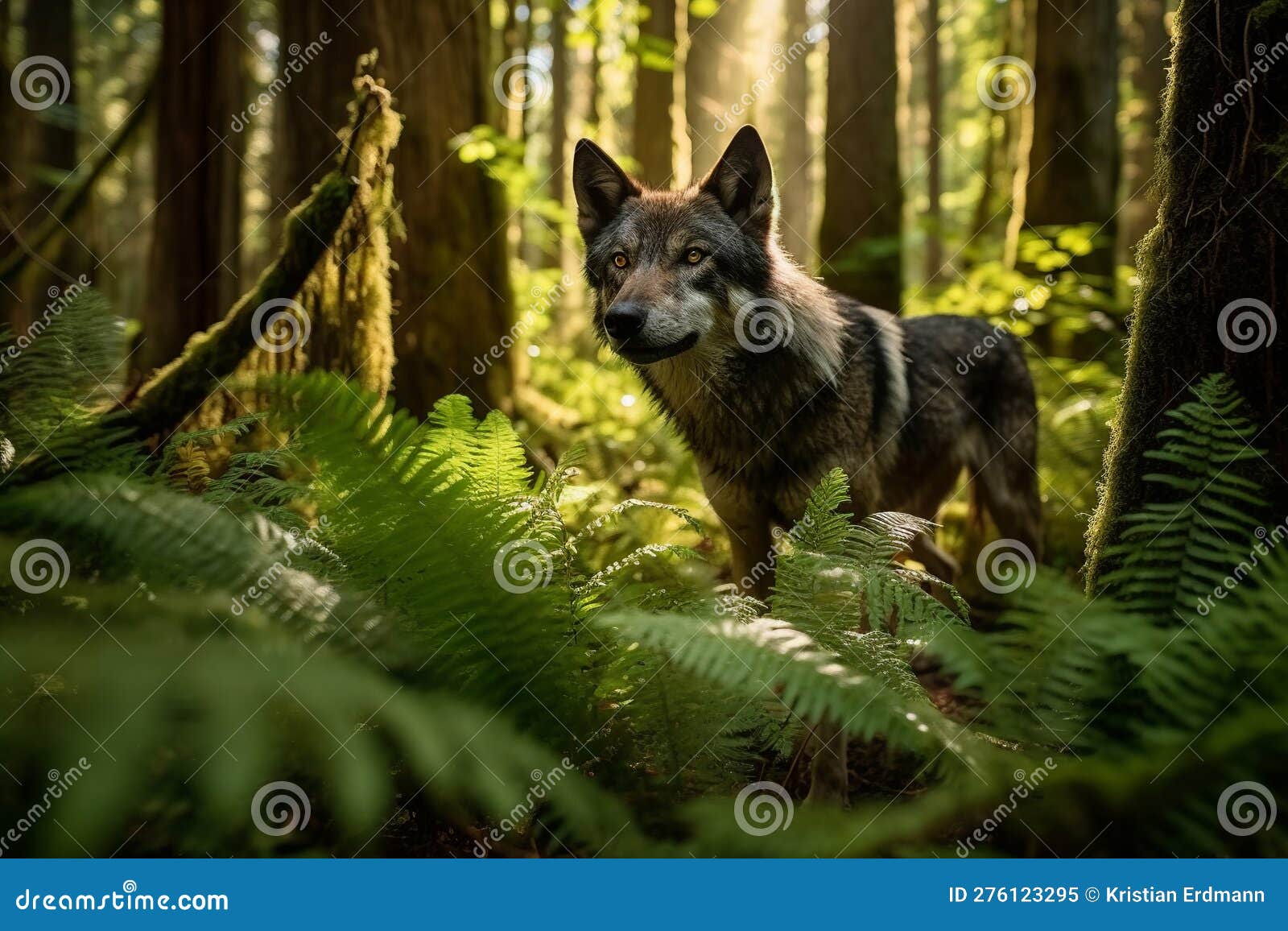 Stealthy Gray Wolf Prowling Through Dense Boreal Forest, Ferns, Moss ... Stealthy Gray Wolf Prowling Through Dense Boreal Forest, Ferns, Moss ...