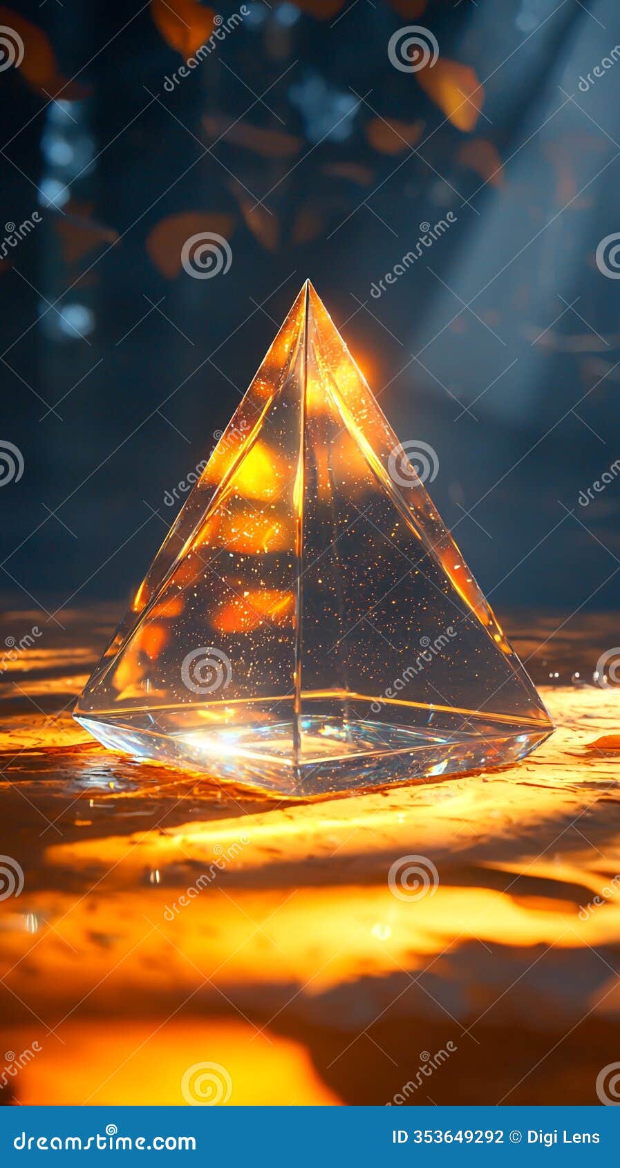 Luminous Glass Pyramid on Golden Surface Abstract Art Light Refraction ...