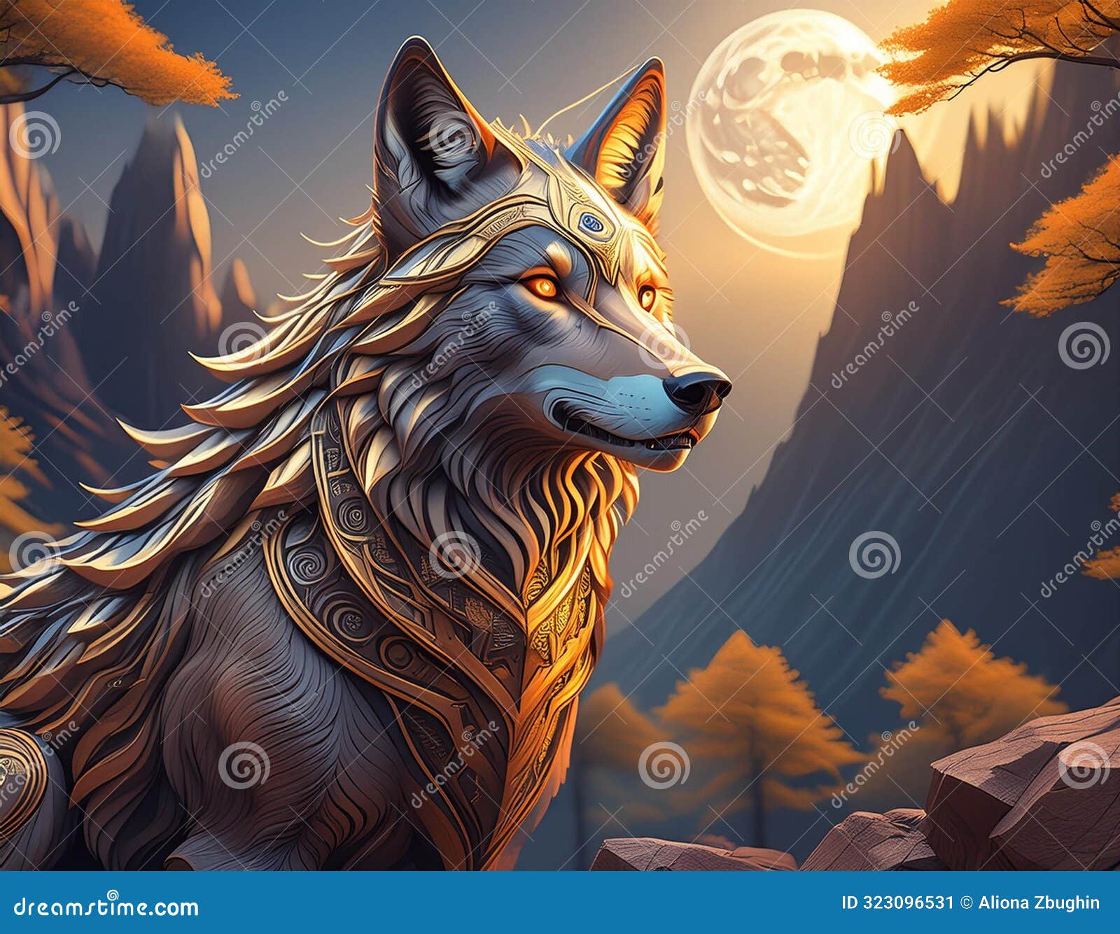 A Wolf with Armor and Mountains in the Background Stock Illustration ...