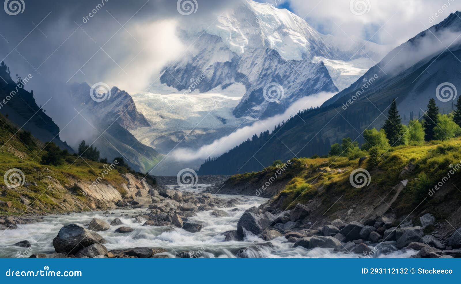 Captivating Landscape: Glacier River Waterfall in a Misty Valley Stock ... Captivating Landscape: Glacier River Waterfall in a Misty Valley Stock ...