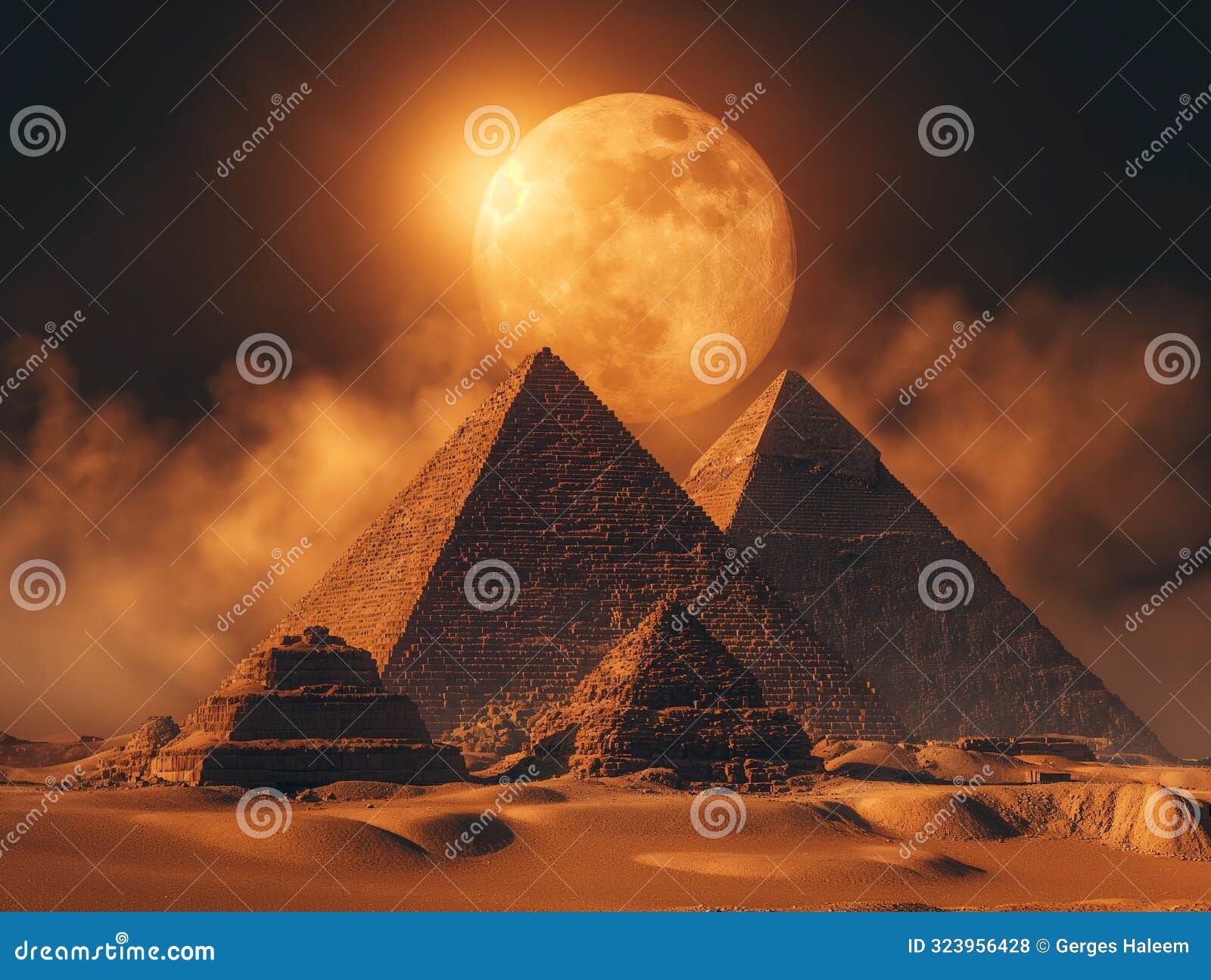 Full Moon Rising Over the Giza Pyramids in Egypt Stock Illustration ...