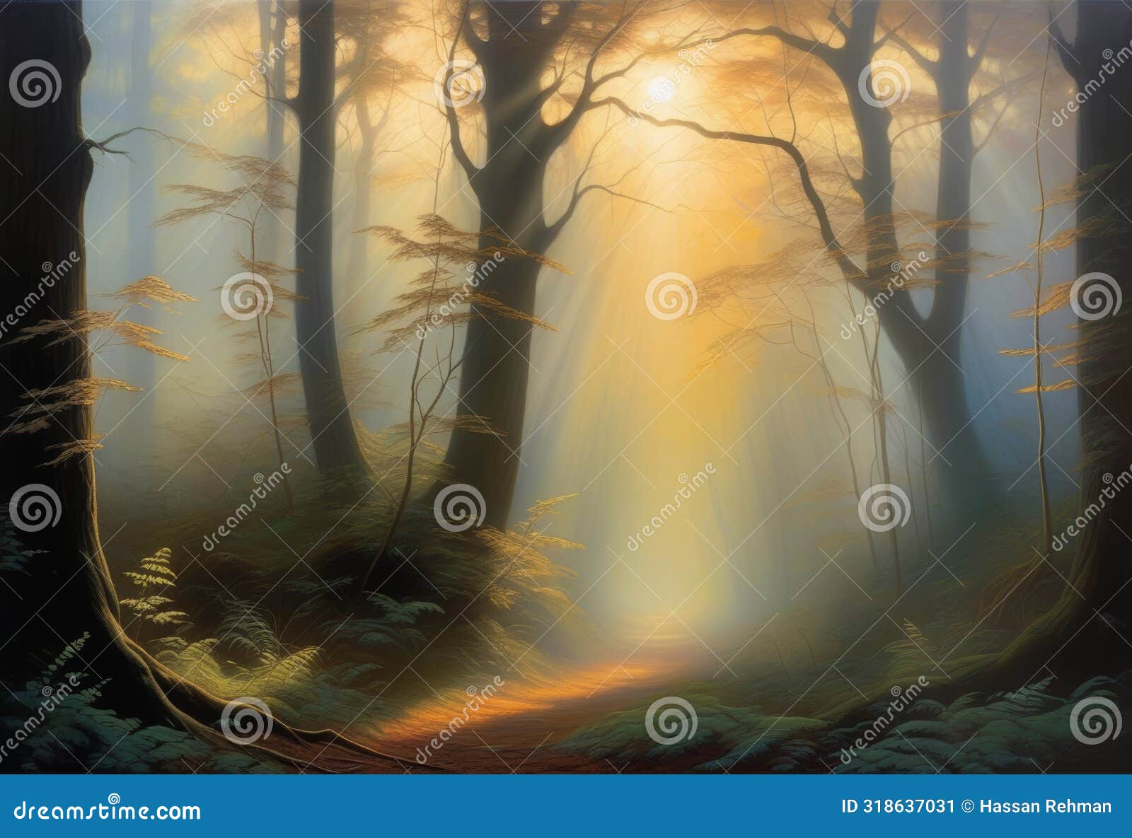 A Captivating Painting of an Enchanted Forest Stock Illustration ...