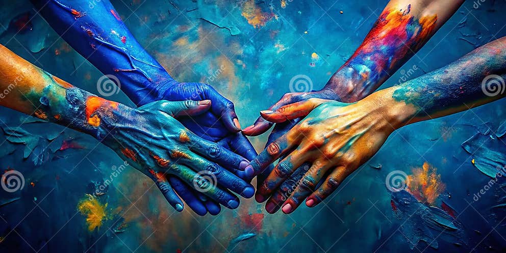 Surreal Panoramic View of Four Intertwined Azure Hands an Abstract ...
