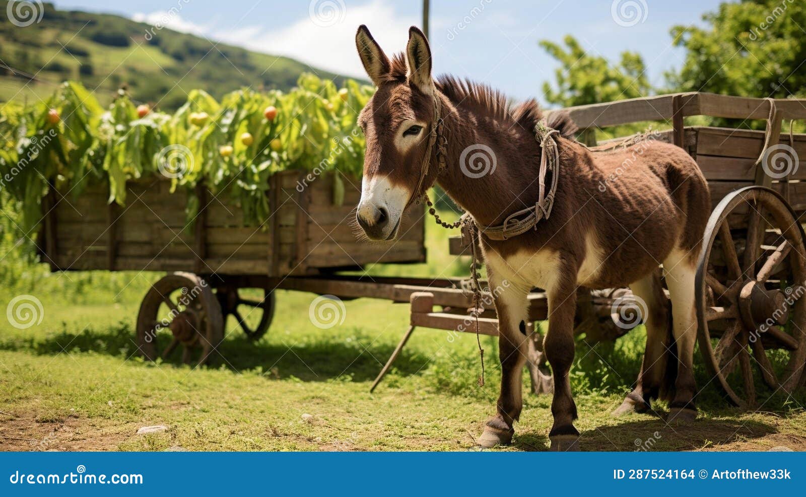 Gentle Donkey Pulling Colorful Cart in Serene Meadow Stock Illustration ...