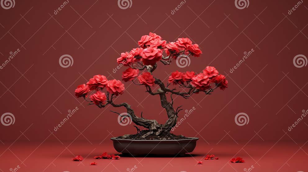 Captivating Red Bonsai Tree: 3d Render on Red Background Stock ...