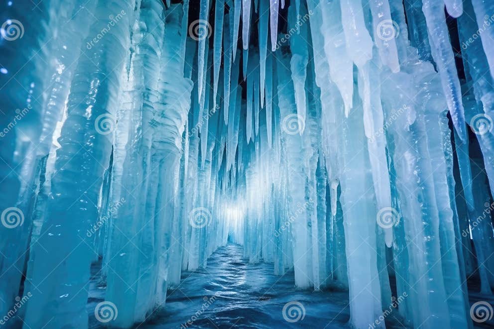 A Captivating Row of Ice Columns Inside a Glacier Cave Stock Photo ...
