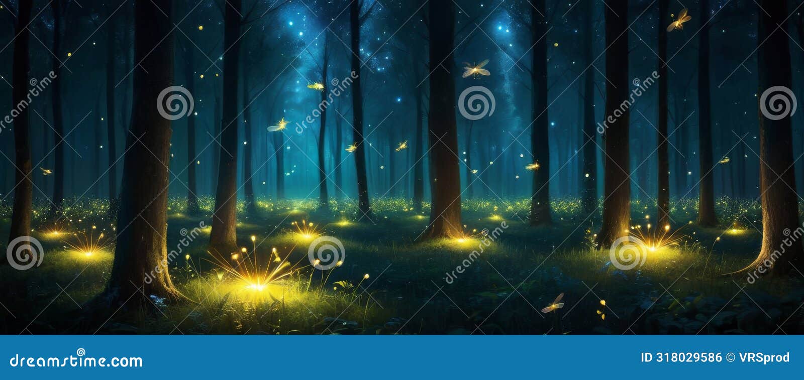 Enchanted Forest with Glowing Fireflies at Night Stock Photo - Image of ...