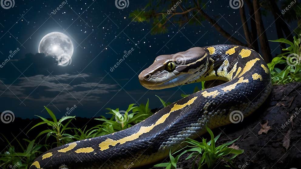 Moonlit Adventure: Reticulated Python Slithering through a Mystical Forest Stock Illustration ...