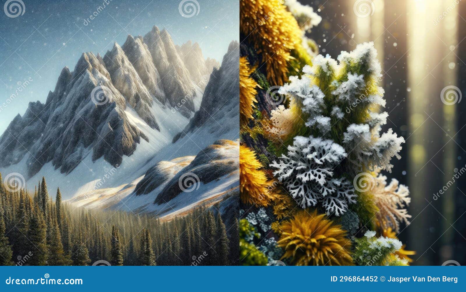 Winter Wonderland Split-Scene with Snowy Mountains and Festive Pine ...