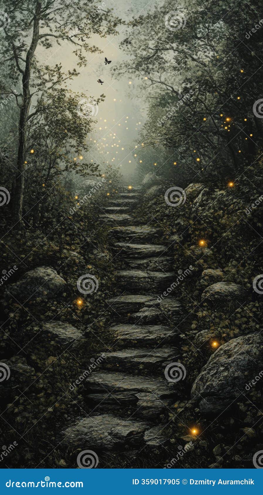 Captivating Stone Steps Illuminated by a Forest of Fireflies Stock ...