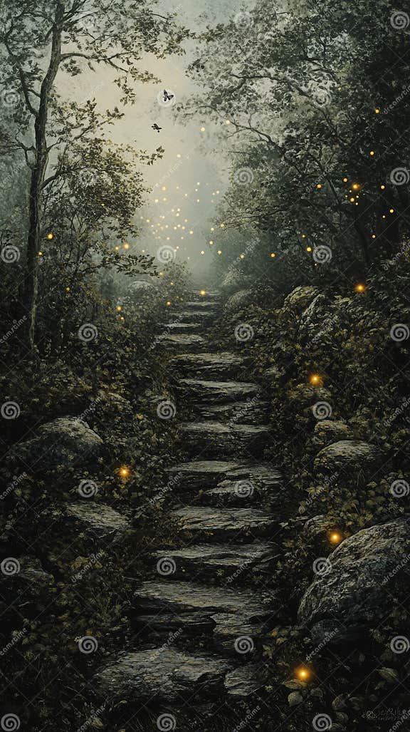Captivating Stone Steps Illuminated by a Forest of Fireflies Stock ...