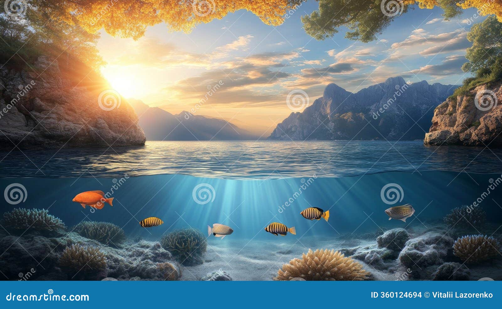 Split View Of Great Barrier Reef Marine Ecosystem At Sunset In ...
