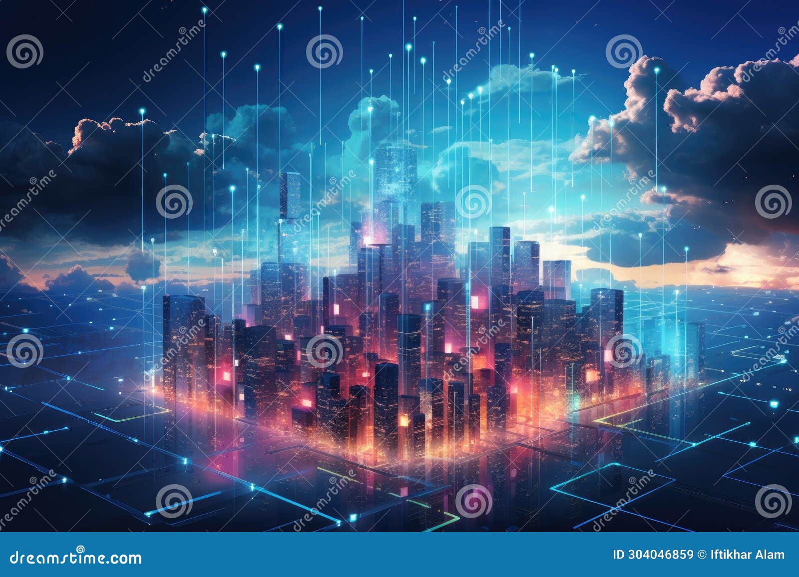 A Captivating View of a Vibrant, High-tech City at Night, Adorned with ...