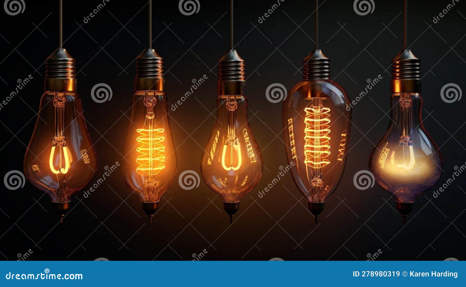 Row of Industrial Light Bulbs Hanging from Ceiling with Dark Background ...