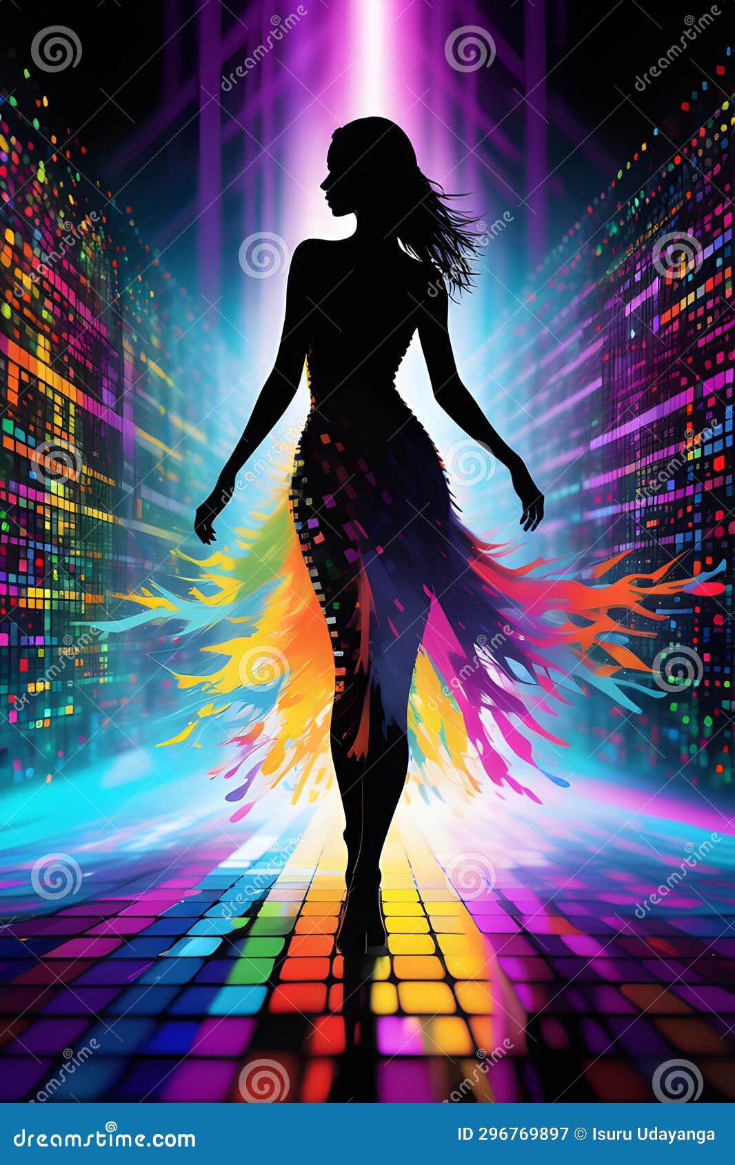 Woman Digital Silhouette Dancing on Disco Stage. Illuminated by ...